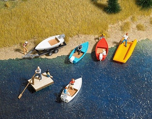 Boat/Raft Set w/Trailer - Kit -- 4 Boats, 1 Raft, HO Busch G